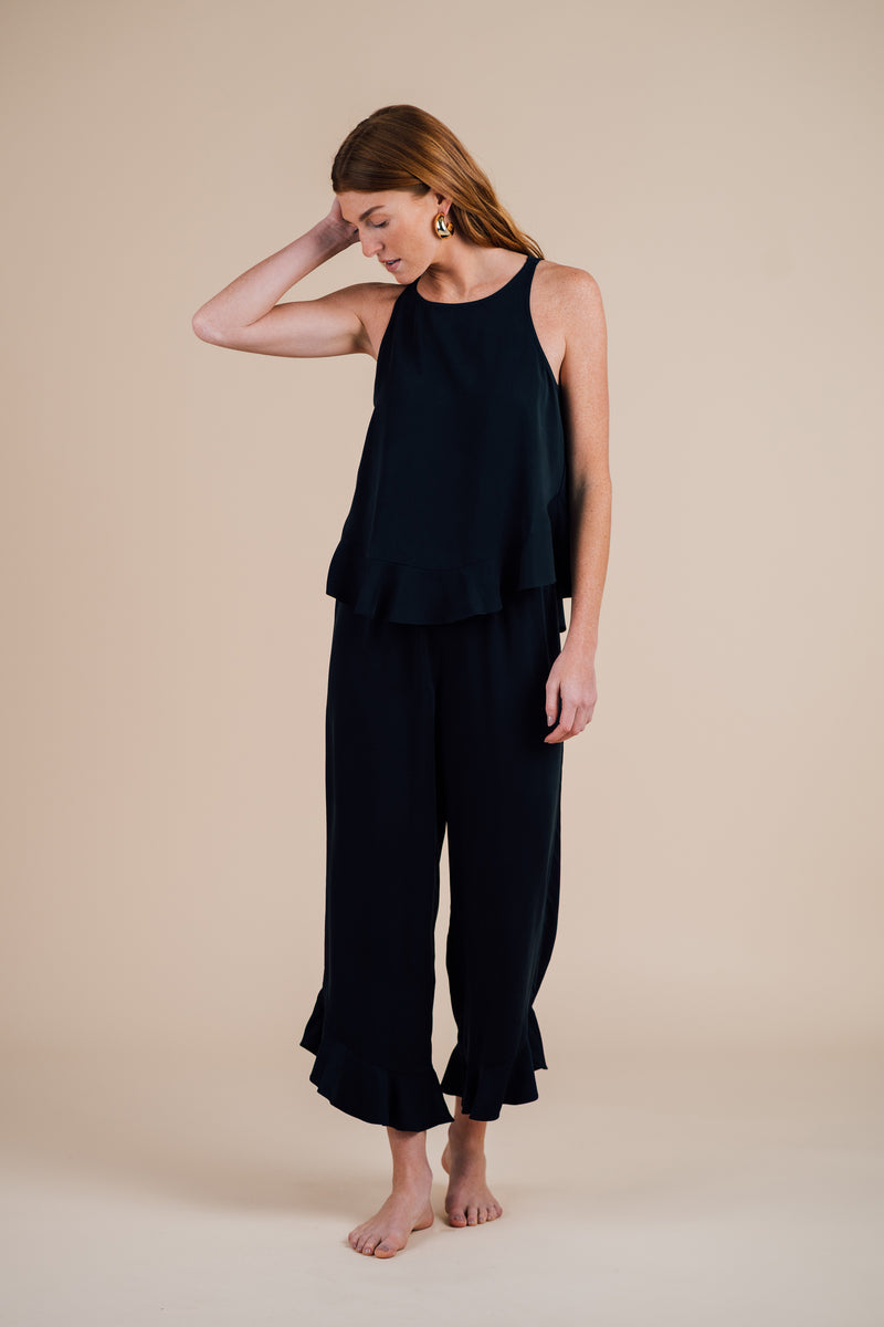 Half Asleep - Sleepwear - Ruffle Pant Set - Women's Pajamas - Black Night