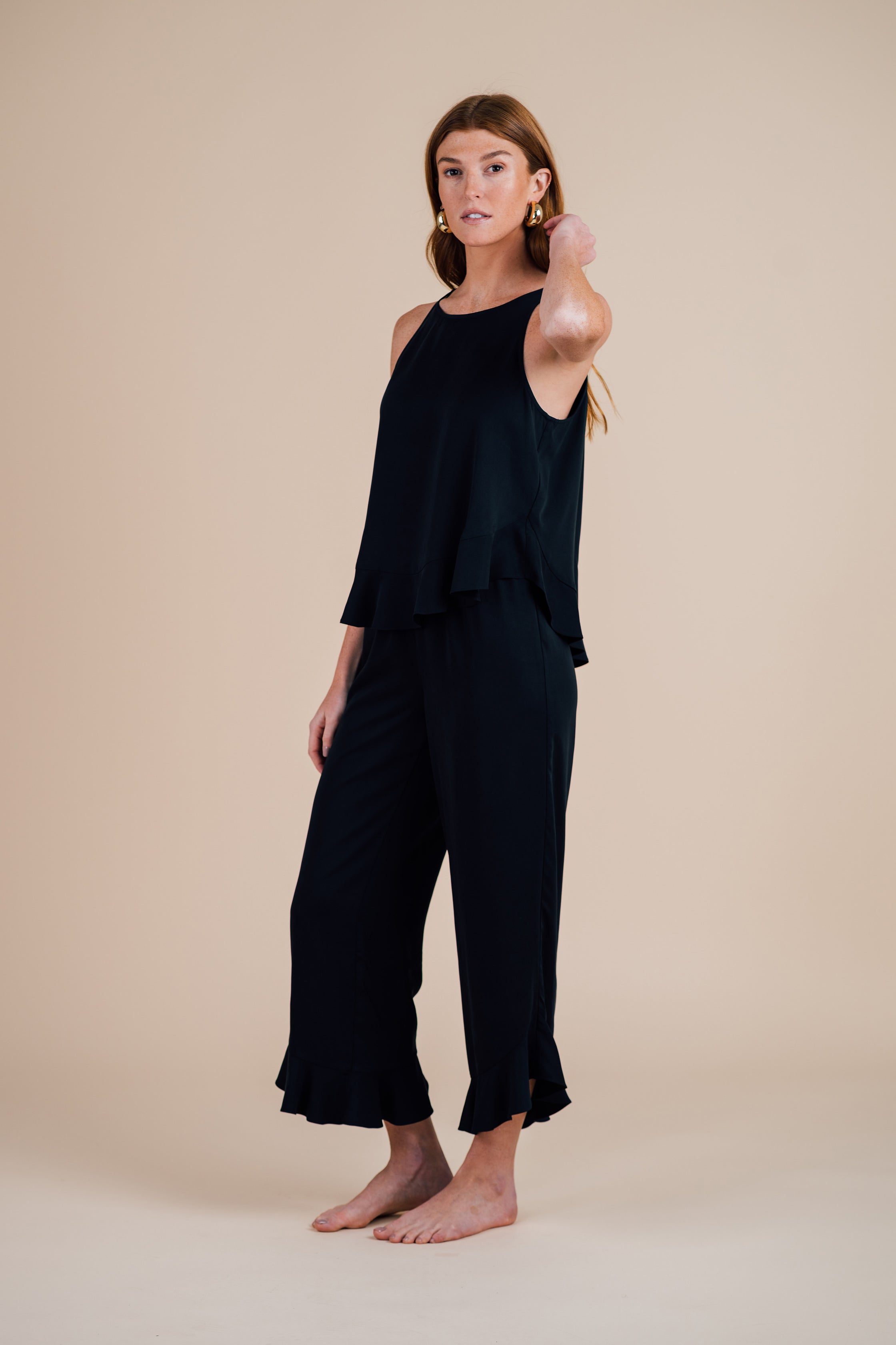 Half Asleep - Sleepwear - Ruffle Pant Set - Women's Pajamas - Black Night